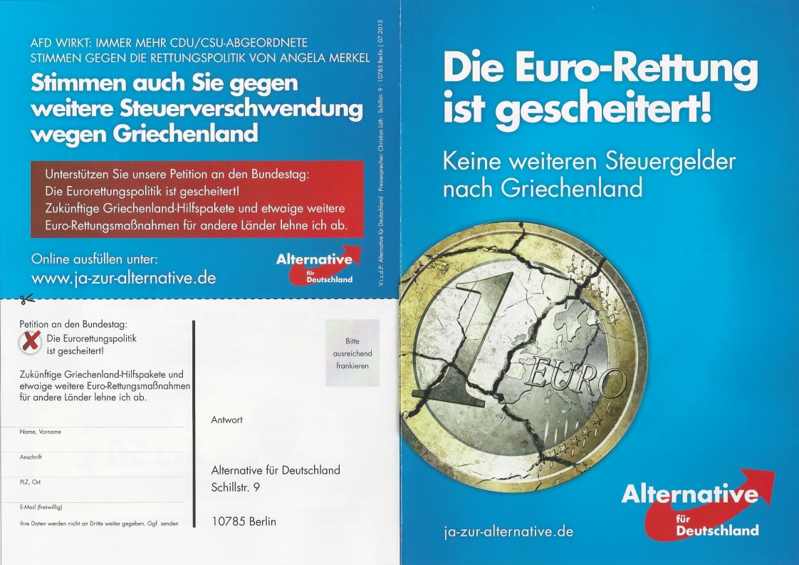 Flyer der AfD zum Thema "Die Euro-Rettung ist gescheitert!" - AfD Cottbus
